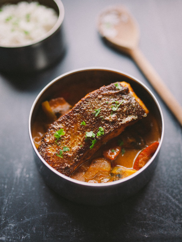 Fish balti with pan-fried trout