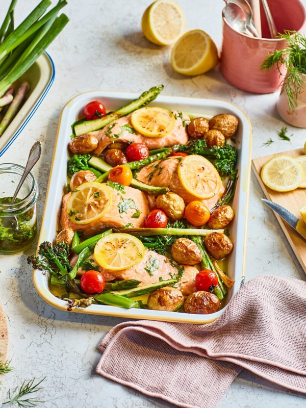 ChalkStream trout & vegetable traybake